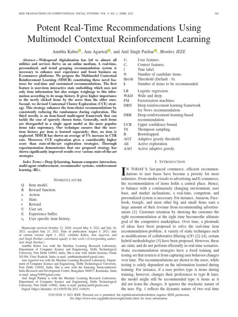 Potent Real Time Recommendations Using Multimodel Contextual Reinforcement Learning Pdf
