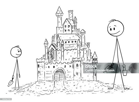 아들과 함께 아버지 또는 아빠 건물 모래 성의 벡터 만화 그림 가공의 인물에 대한 스톡 벡터 아트 및 기타 이미지 가공의 인물 가족 개념 Istock