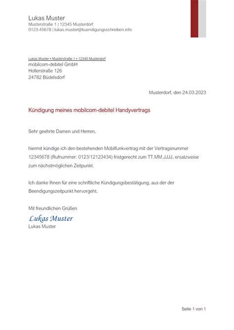 Kündigungsschreiben mobilcom debitel Handyvertrag Kuendigungsschreiben info