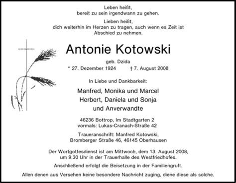 Traueranzeigen Von Antonie Kotowski Trauer In Nrw De