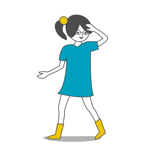 귀여운 소녀는 회사원이나 여학생의 미래를 즐겁게 바라보고 있습니다 캐릭터는 손으로 그린 낙서 플랫 벡터 일러스트레이션 프리미엄 벡터