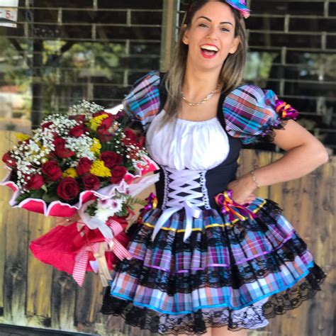 Vestido Caipira Junino Espartilho Preto Xadrez Adulto Luxo Elo7