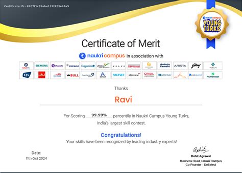 Certificate Of Achievement In Naukri Campus Young Turks By Naukricampus