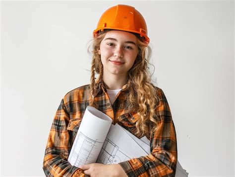 Title Lady Engineer In Safety Helmet Holding Building Plan Premium Ai