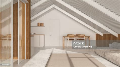 화이트 톤의 현대 Mansard 소파와 테이블이 있는 주방 거실 식사 공간 철제 빔 및 수지 바닥 미니멀리스트 인테리어 디자인