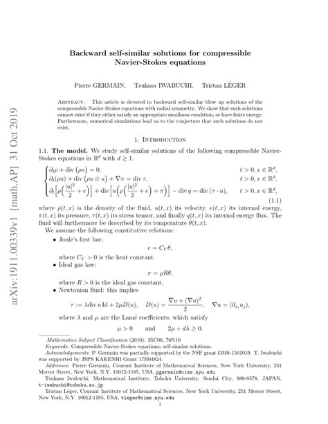 Pdf Backward Self Similar Solutions For Compressible Navier Stokes Equations