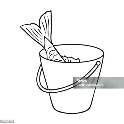 Fisch Im Eimersymbol Im Umrissstil Isoliert Auf Weißem Hintergrund