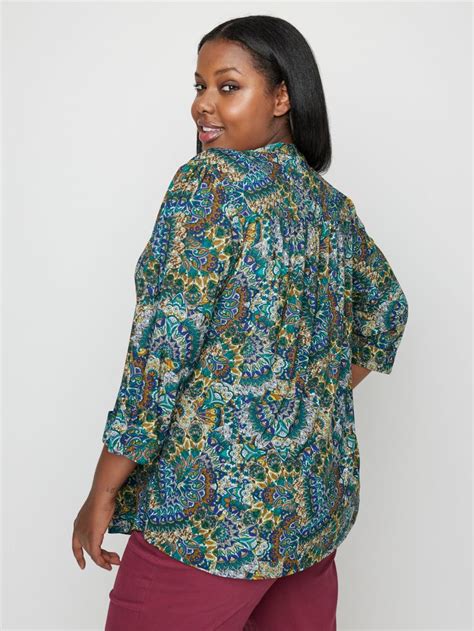 Roz Ali 3 4 Roll Tab Sleeve Popover Plus Black Green Teal