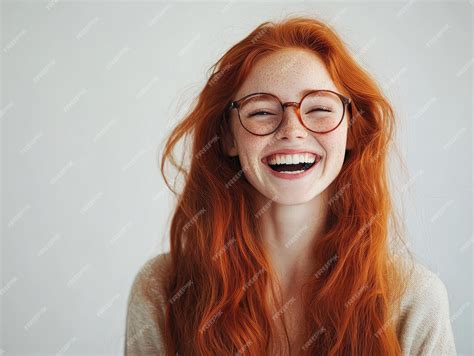 A Woman With Red Hair Wearing Glasses Smiling And Laughing Premium Ai Generated Image