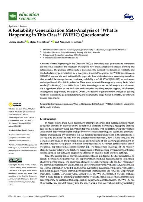 Pdf A Reliability Generalization Meta Analysis Of What Is Happening In This Class” Wihic