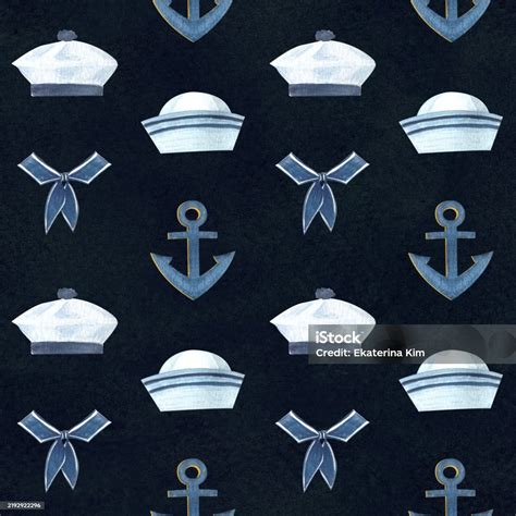 타포린 선원 모자 칼라 앵커 수채화 손으로 그린 완벽 한 패턴 흰색에 고립 된 패턴 카드 포장지 포장 문구류 및 책에 완벽한 고품질 네이비 디자인 요소 0명에 대한 스톡
