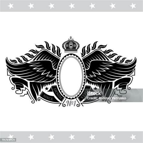 페어와 두 개의 날개 사이에 리본이 있는 타원형 프레임 전 령 빈티지 라벨에 흰색 고풍스런에 대한 스톡 벡터 아트 및 기타