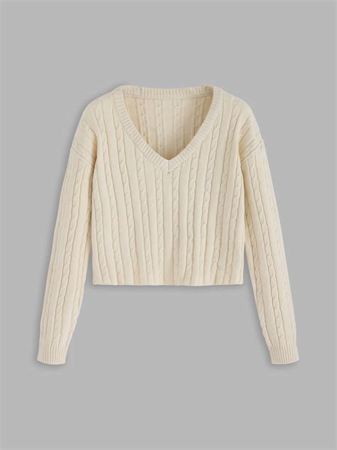 Knit Fabric Solid Cable Knit Crop Sweater For Daily Casual School