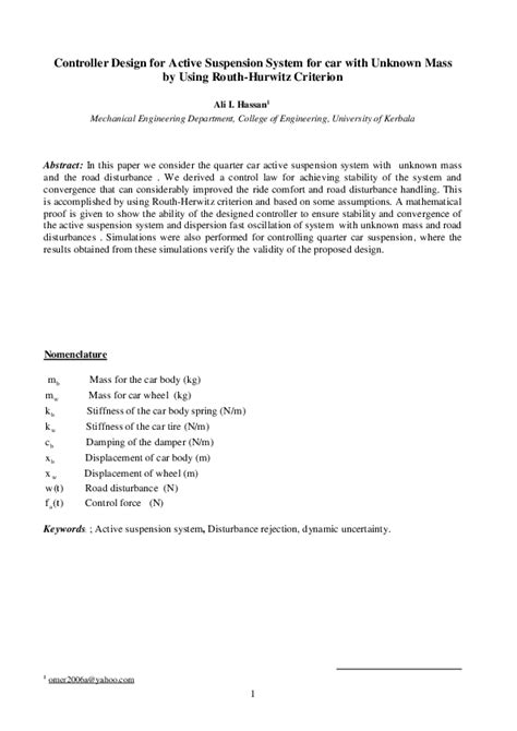 pdf controller design for active suspension system for car with