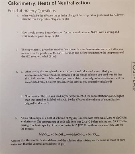 Solved Calorimetry Heats Of Neutralization Post Laboratory Chegg