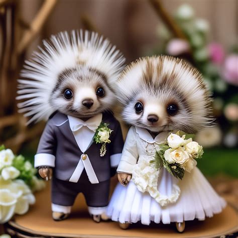 Two Fluffy Porcupines One In A Jacket The Other In A White Dress