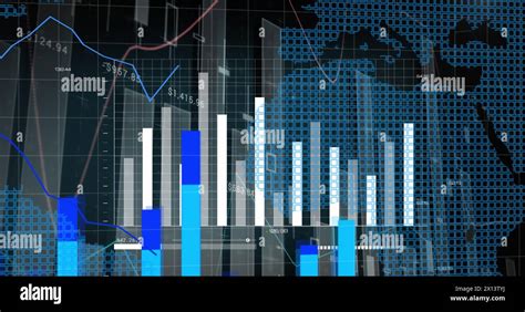 image of statistical data processing over world map against black