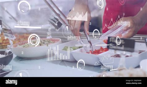 Image Of Data Processing Over Biracial Male Shop Assistant Picking Food