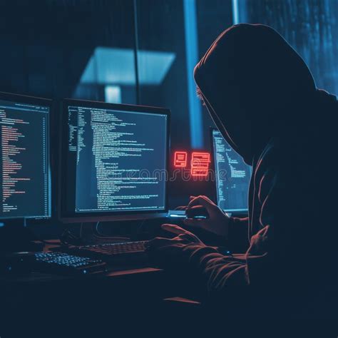 A Hacker In A Dark Hoodie Working On A Computer With Red Warning Alerts On The Screen Stock