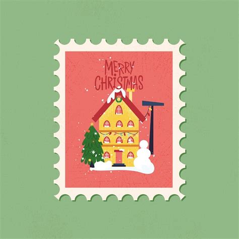 Feliz Navidad Casa Hombre De Nieve Sello Postal Vector Premium
