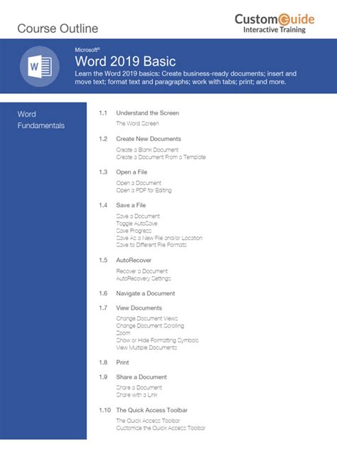 Word 2019 Basic Course Outline Download Free Pdf Paragraph Computing