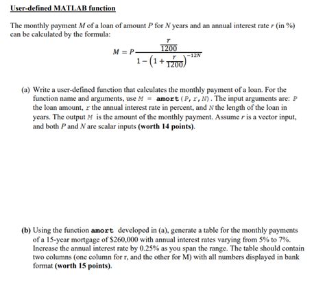 Solved User Defined Matlab Function The Monthly Payment M Of Chegg