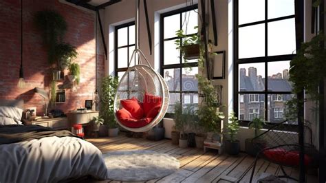 A Bedroom With A Hanging Chair In The Middle Of The Room Generative Ai