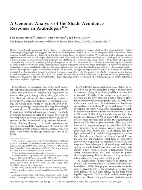 Pdf A Genomic Analysis Of The Shade Avoidance Response In Arabidopsis
