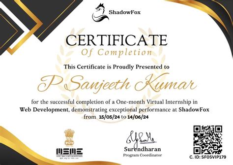 Sanjeeth Kumar On Linkedin Webdevelopment Internshipcompletion Certificate Shadowfox…