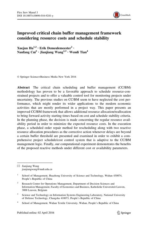 PDF Improved Critical Chain Buffer Management Framework Considering Resource Costs And