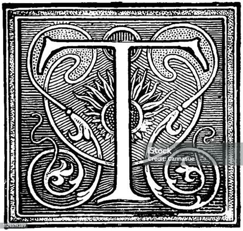 삭제 된 초기 대문자 T 묘사의 빅토리아 흑백 판화 Stylised 스크롤와 단풍 19 세기 페이지와 텍스트 장식 영어 그림 1892 목판화에 대한 스톡 벡터 아트 및 기타