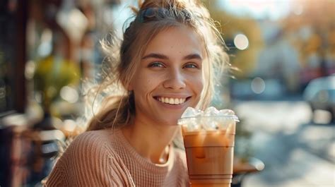 Premium Photo A Woman Holding A Cup Of Coffee And Smiling
