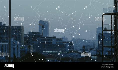 Image Of Interface With Data Processing And Network Of Connections Against View Of Cityscape