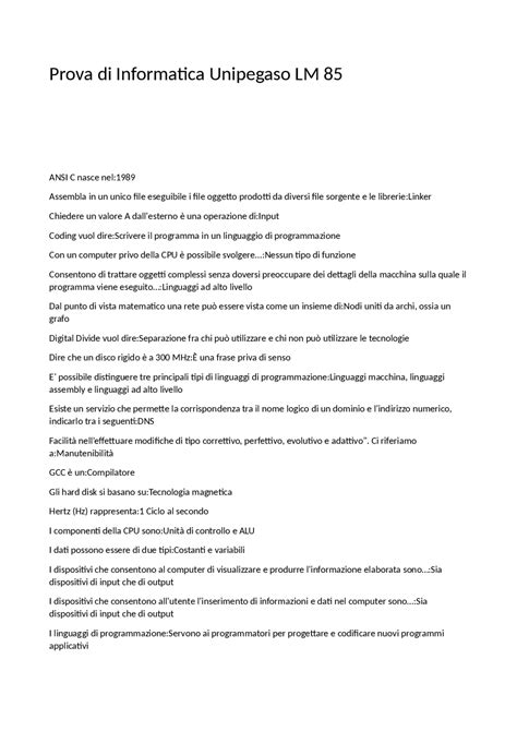 Prova Di Informatica Lm 85 Unipegaso Docsity