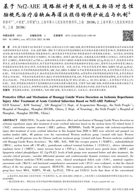 基于nrf2 Are通路探讨黄芪桂枝五物汤对急性脑梗死治疗后缺血再灌注损伤的保护效应与机制 中国医院用药评价与分析