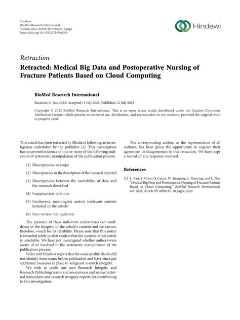 Pdf Retracted Medical Big Data And Postoperative Nursing Of Fracture Patients Based On Cloud