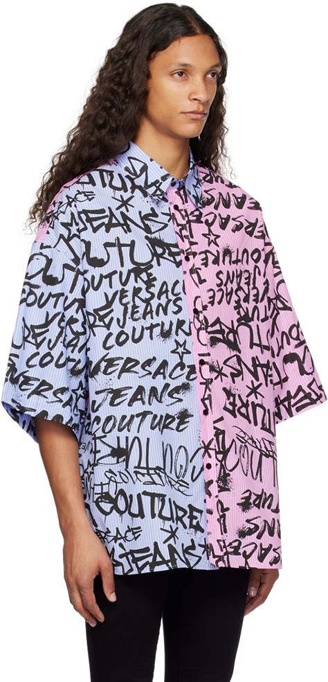 Versace Jeans Couture Pink And Blue Stripes Graffiti Shirt Versace