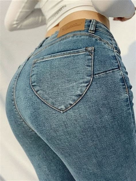 European And American Plus Elastic Jeans Woman High Waist Sexy Peach