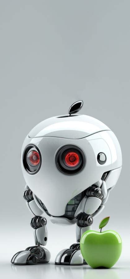 Apple Shaped Robot With Small Green Apple Vertical Banner With Copy