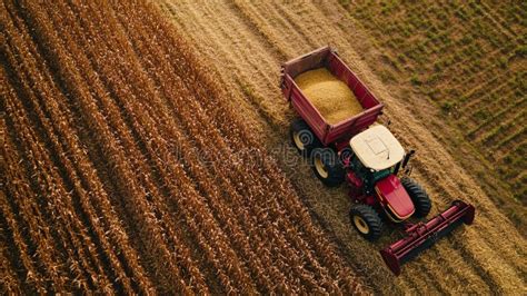Tractor Collecting Harvested Corn In A Field During Daylight Stock