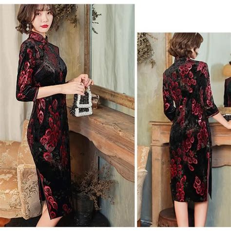 Robe Chinoise Qipao Cheongsam Style Chic Imprimé Paon Rouge Robe Soirée