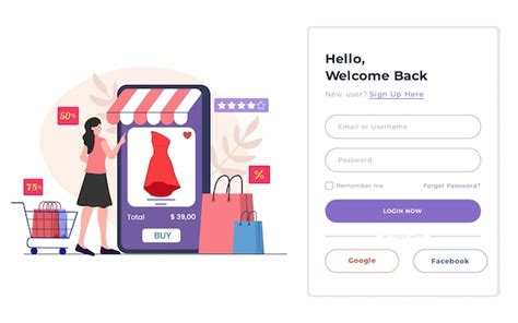 온라인 쇼핑 웹 사이트의 환영 및 로그인 양식 페이지 프리미엄 벡터