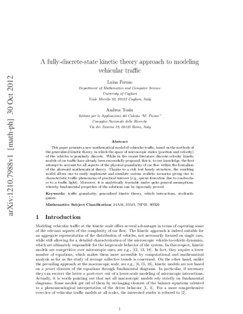Pdf A Fully Discrete State Kinetic Theory Approach To Modeling Vehicular Traffic