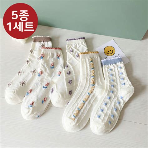 아이데이지 1세트5개 자수 프릴 양말 무압박 여성 학생 장목 면 여름양말 삭스 생일 친구 선물 위시버킷