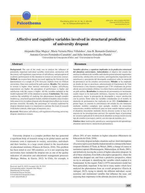 Pdf Affective And Cognitive Variables Involved In Structural Prediction Of University Droput