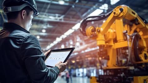 Premium Photo Engineer Programming Robotic Arm Through Tablet Pc In