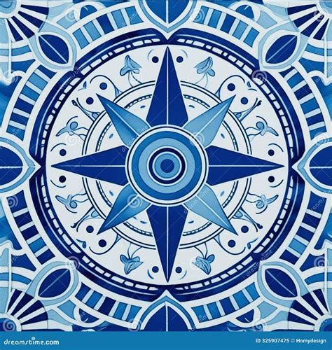 A Blue And White Ceramic Tile With A Compass Rose Design Stock