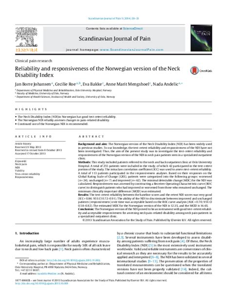 Pdf Reliability And Responsiveness Of The Norwegian Version Of The Neck Disability Index