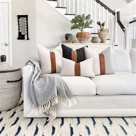 Set Of 2 White Linen Patchwork Faux Leather Throw Pillow Covers For
