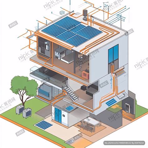Ai创作图光伏建筑一体化 净零能耗建筑 零能耗房屋 零能耗建筑 净零能耗住宅 新能源住宅 太阳能与建筑一体化 集成供暖 零能耗住宅 低能耗建筑 煤改电 热能混合供热采暖图 独立发电系统 新型